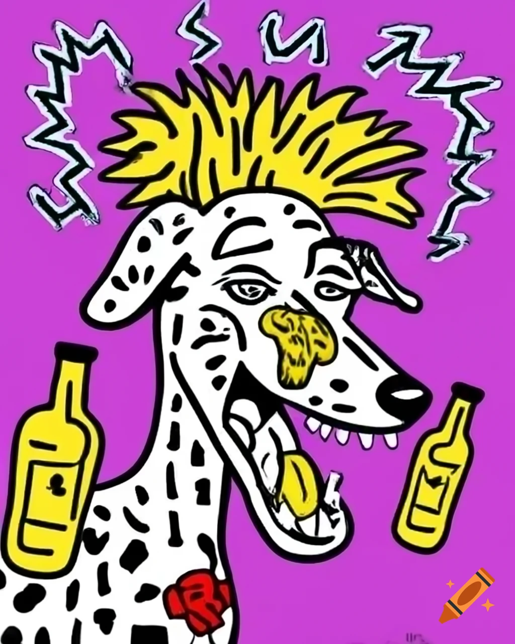 Graphic of greyhound with mohawk, American mustard bottles, and ...