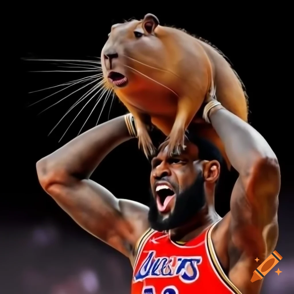 LeBron James holding a capybara above his head, expressing excitement ...