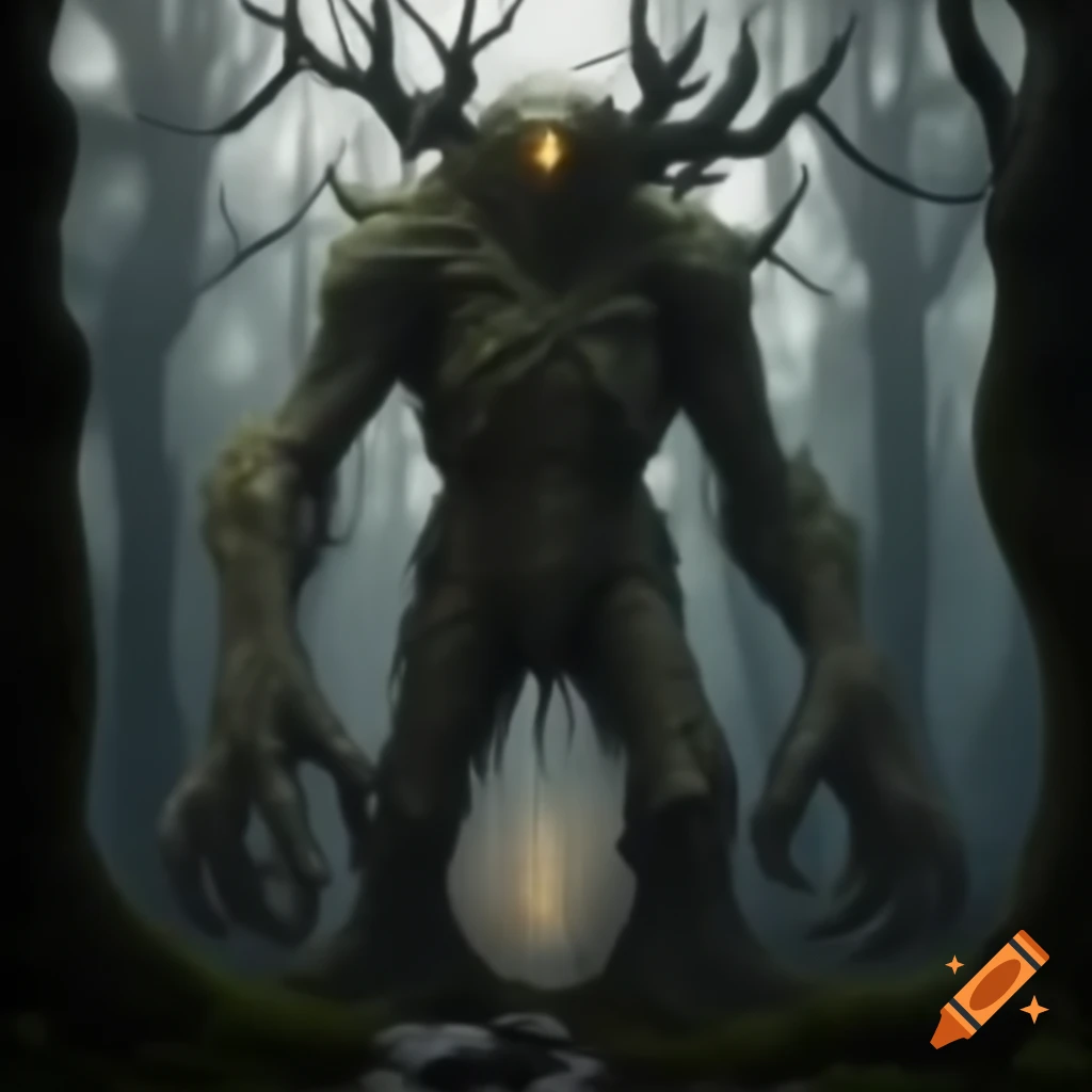 Tree golem standing in dark misty forest with twisted trees on Craiyon