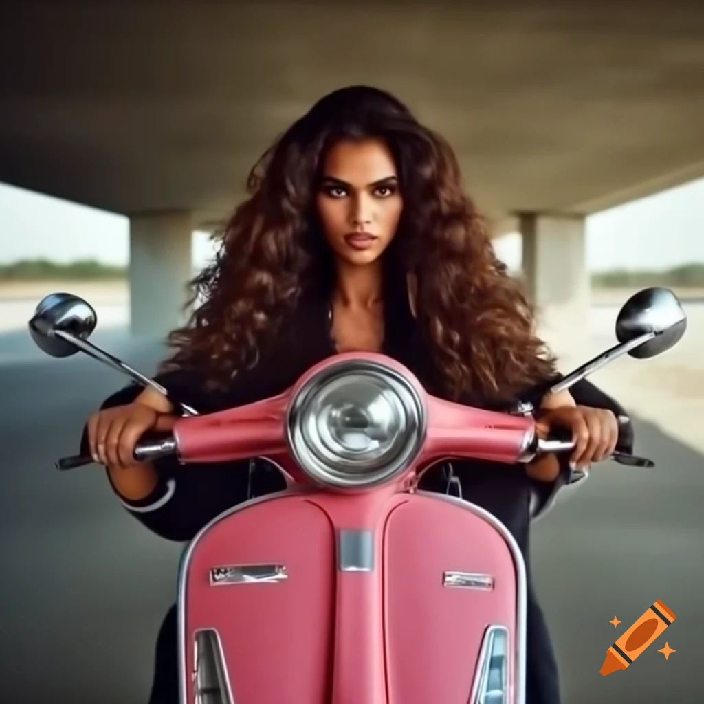 Supermodel with curly long brown hair beside pink Vespa in empty ...