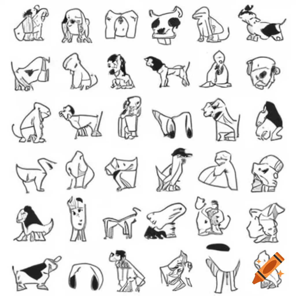 30 cartoon-style line drawings of mixed-breed urban dogs in grid layout ...