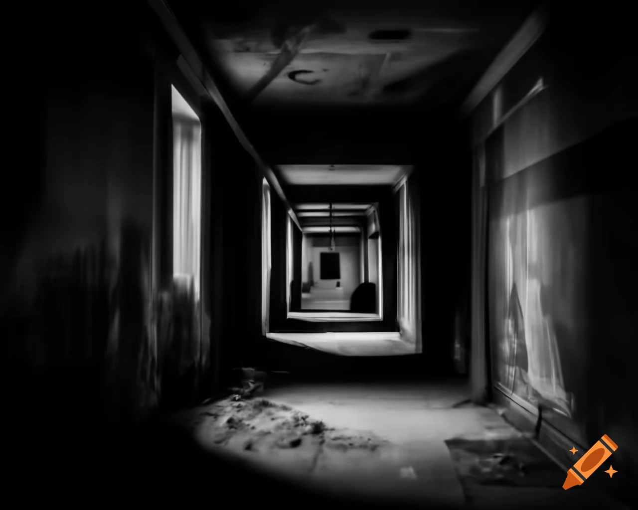 Abandoned basement in darkness, black and white photo evoking suspense ...