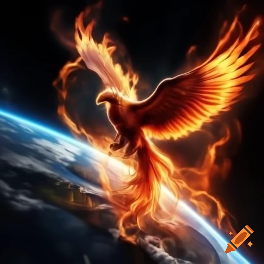 Hyper-realistic phoenix rising above earth with fiery dramatic colors ...