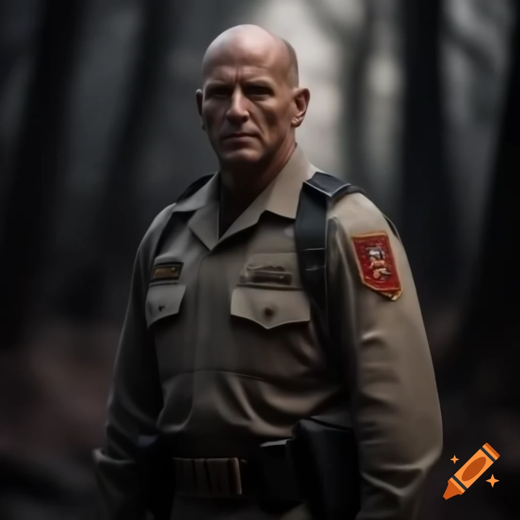 Realistic portrait of strong officer in jumpsuit walking through dimly ...