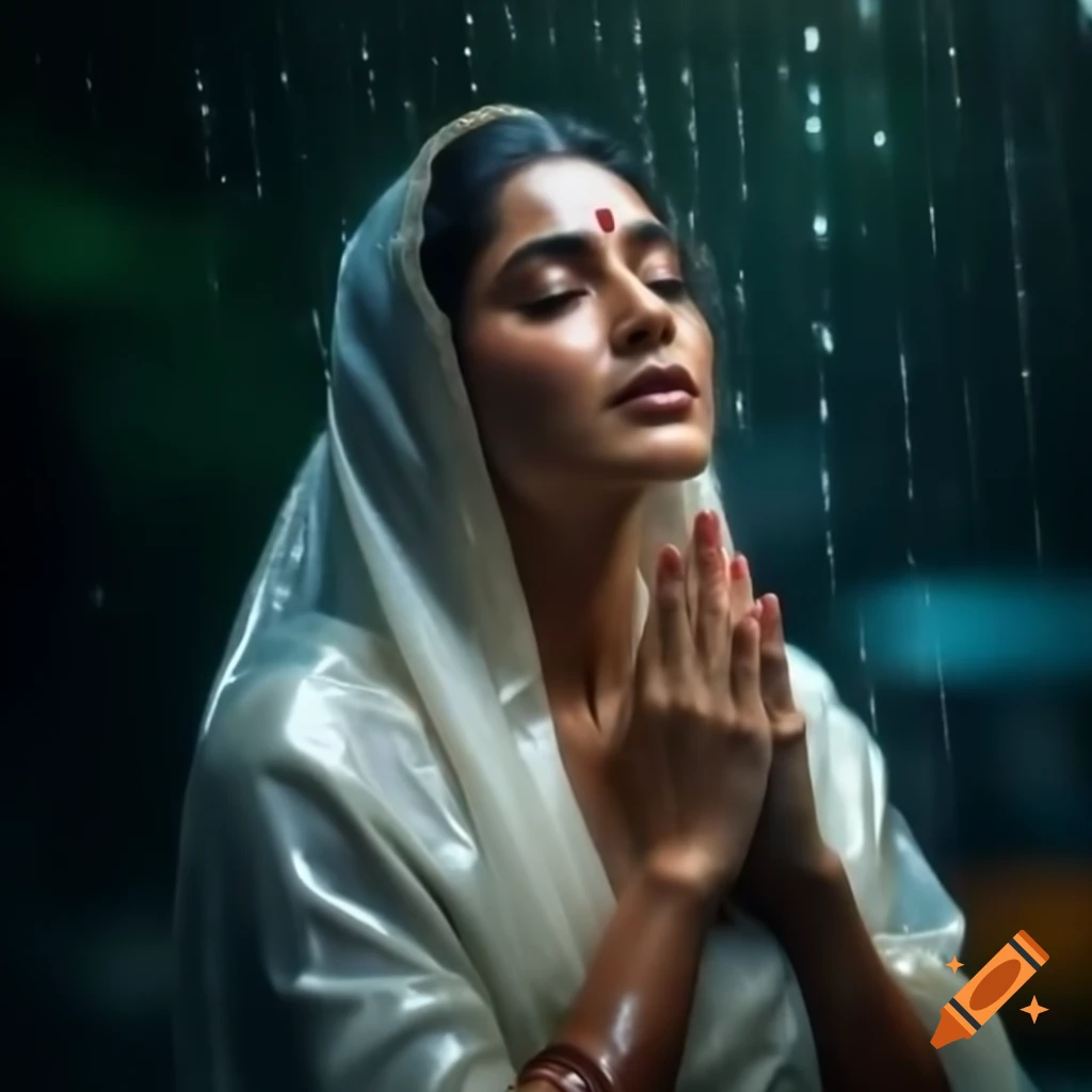 Graceful Indian woman in wet saree standing in rain with dramatic ...