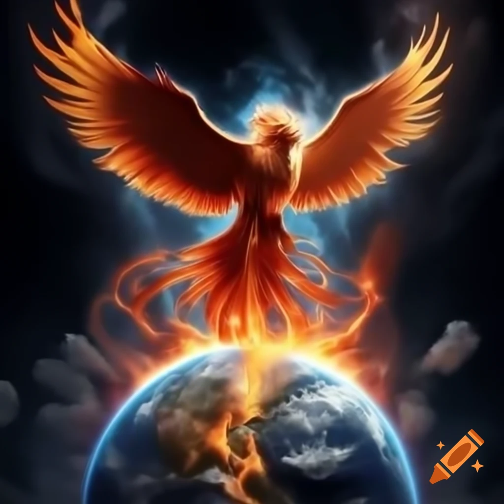 Hyper-realistic phoenix rising above earth with dramatic fiery tones on ...
