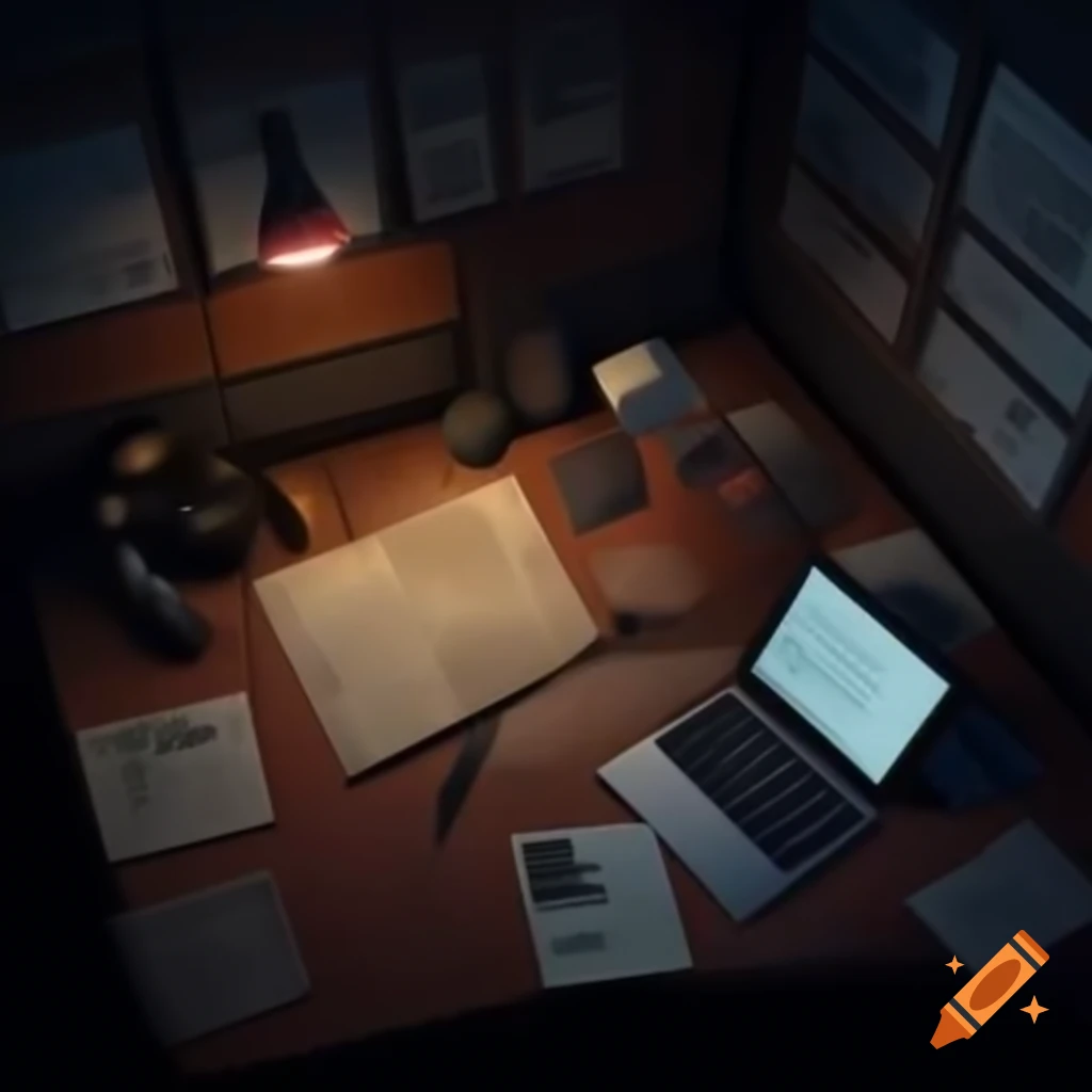 Detective's desk with open laptop, case files, and handwritten notes in ...