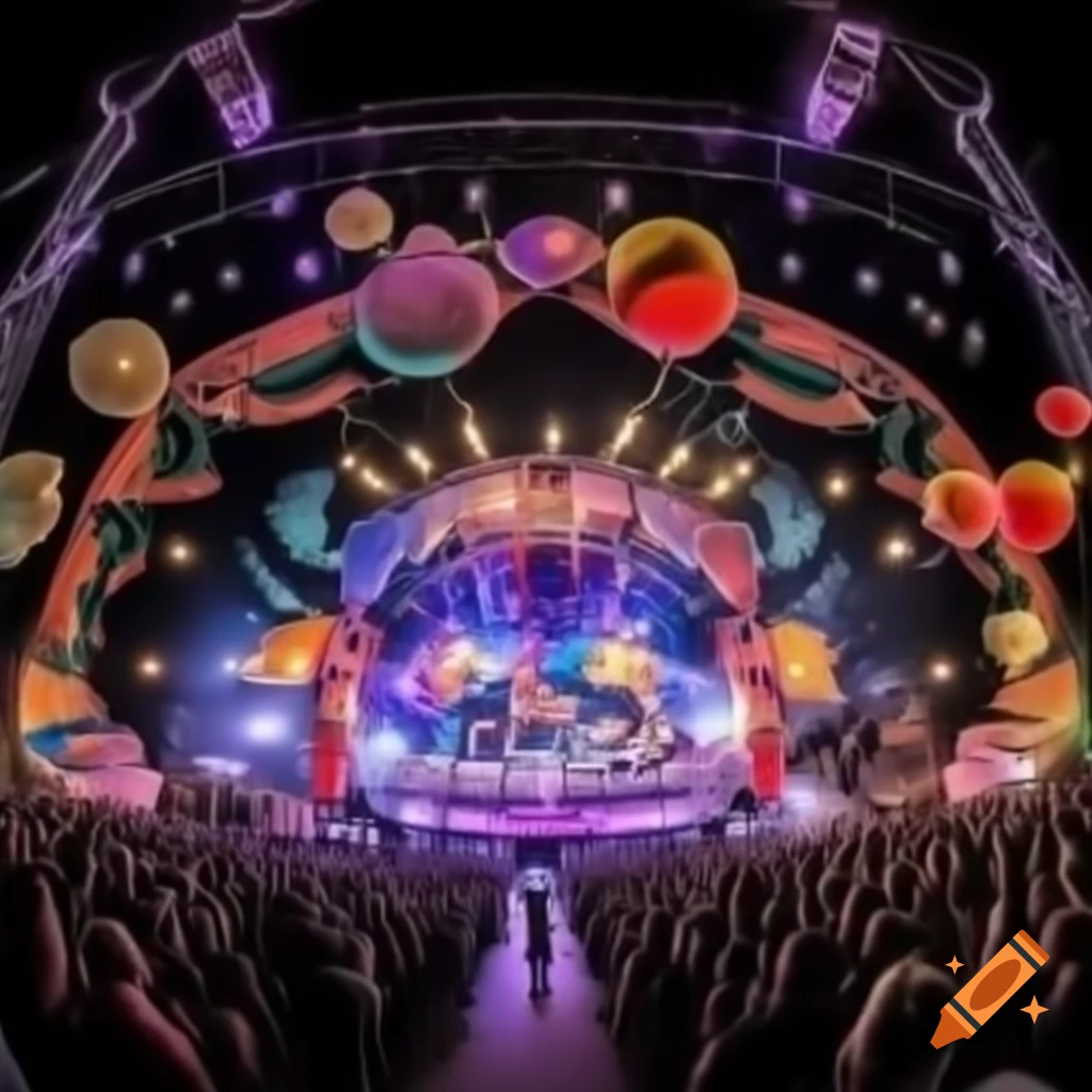 Carnival concert stage with colorful decorations and circus tents on ...