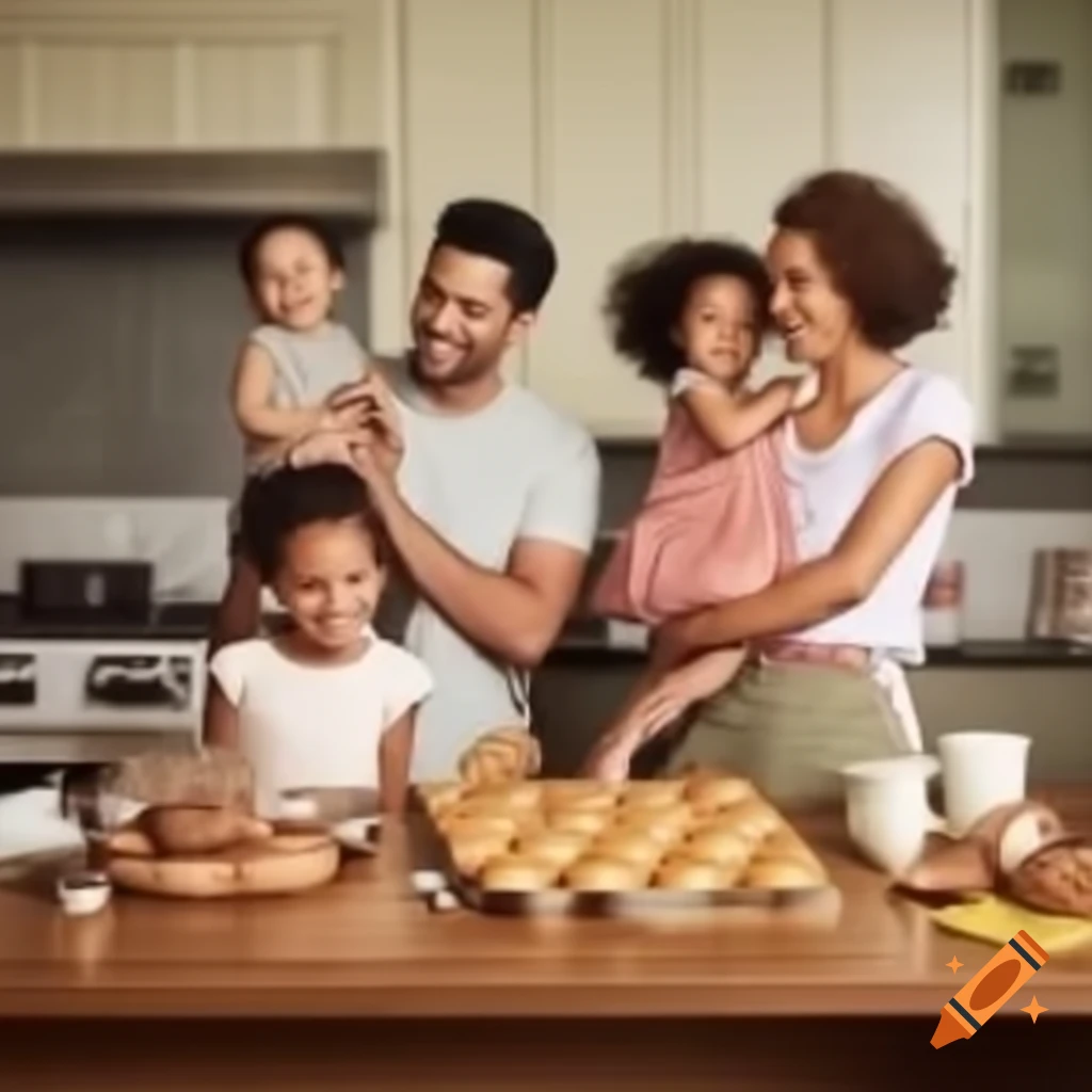 Multicultural family joyfully baking muffins together in kitchen on Craiyon