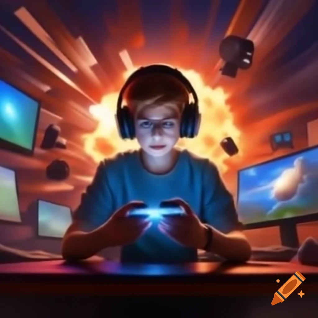 Mobile gaming scene with explosive action in background on Craiyon