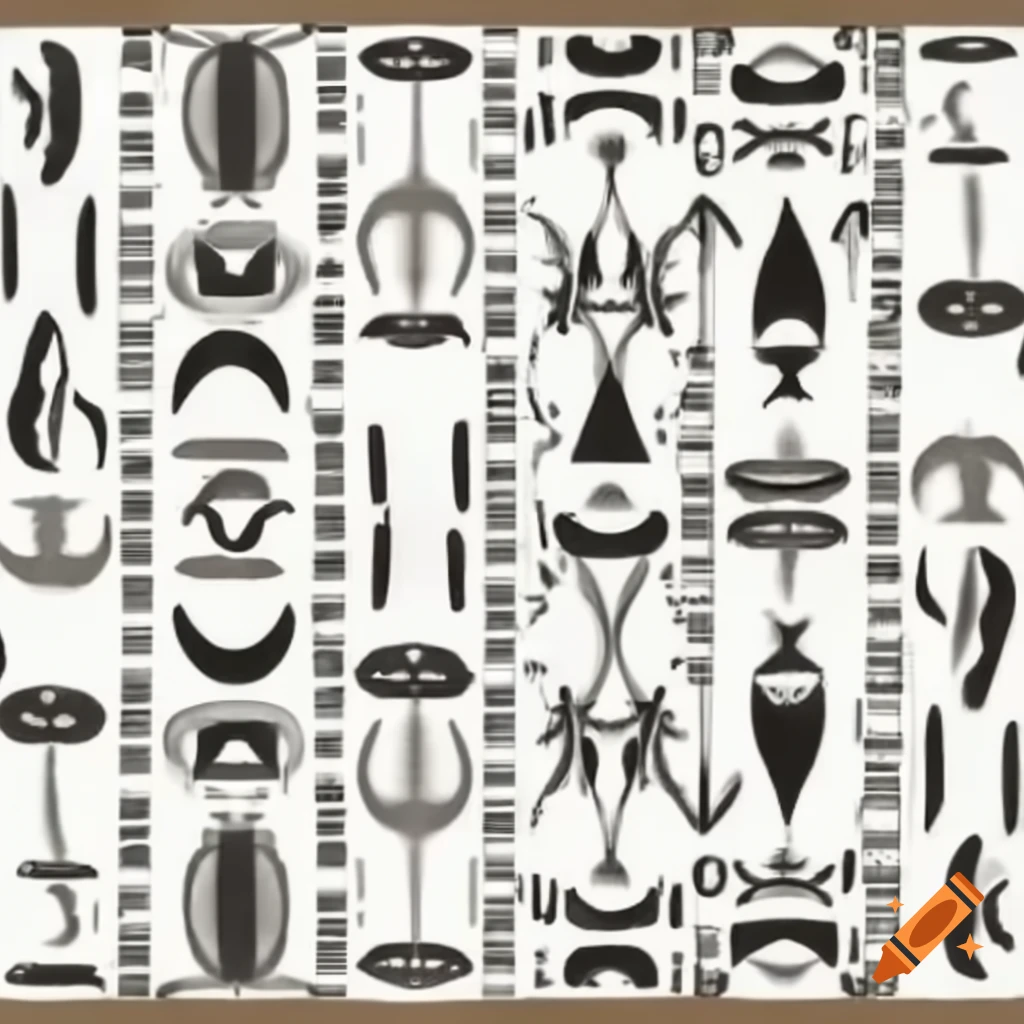 Black Melanesian tribal designs on white canvas showcasing masks, drums ...
