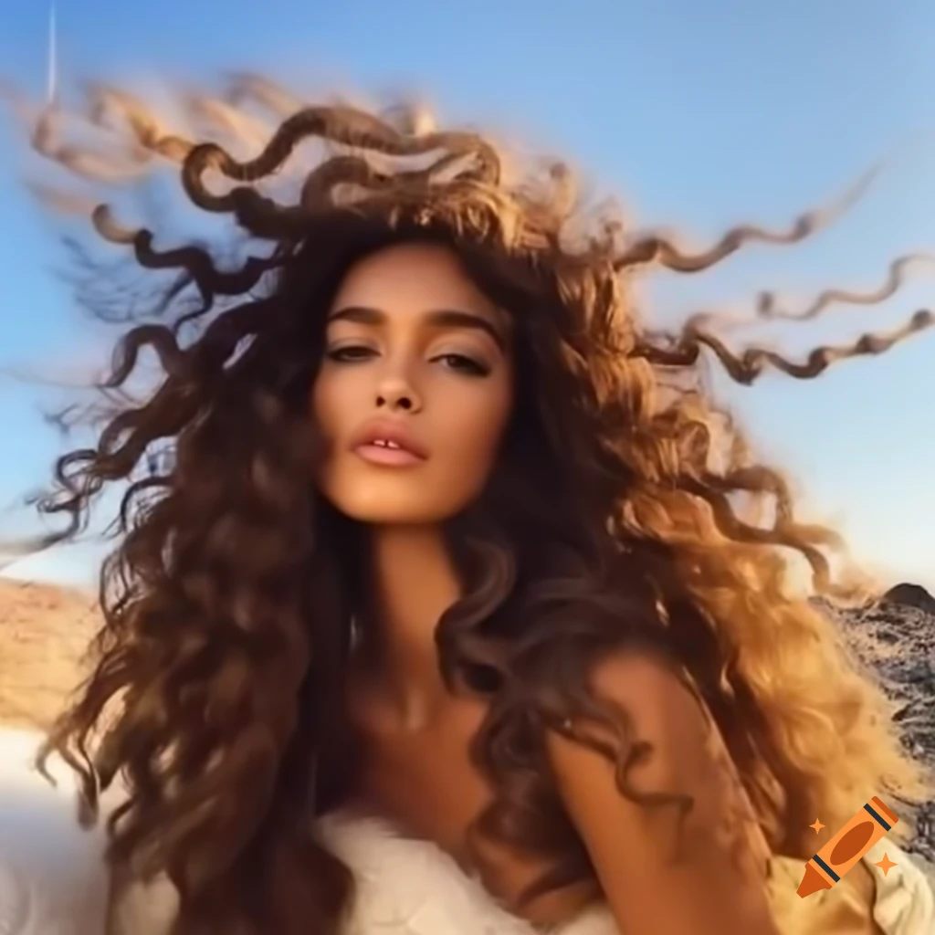 Supermodel with curly brown hair posed on fluffy couch, creative ...