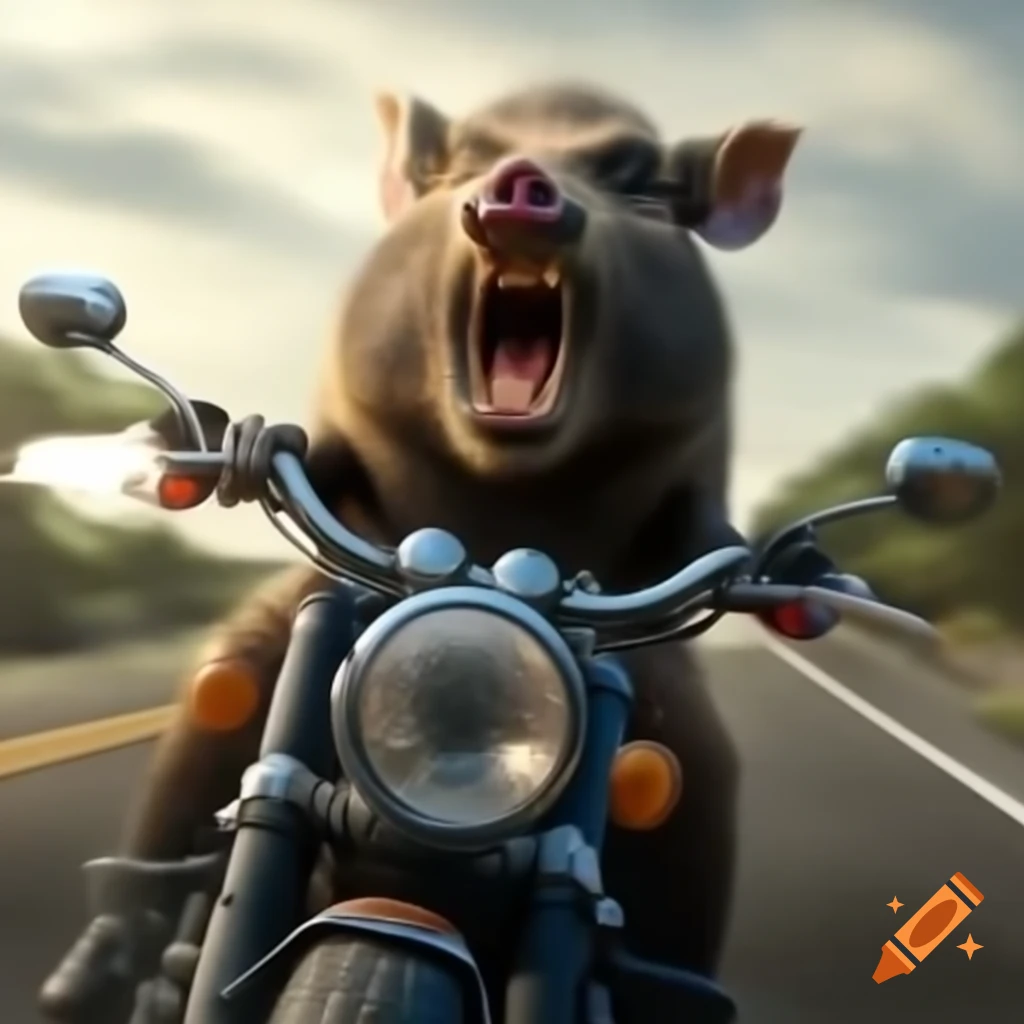 Wild hog riding motorcycle in side view inspired by Easy Rider on Craiyon