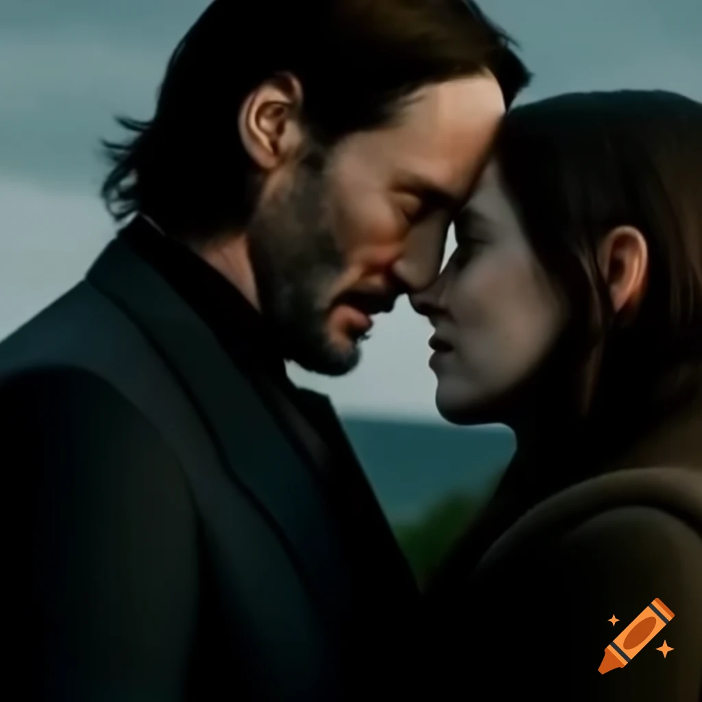 Couple embracing, featuring a character resembling John Wick and his wife with long dark hair ...