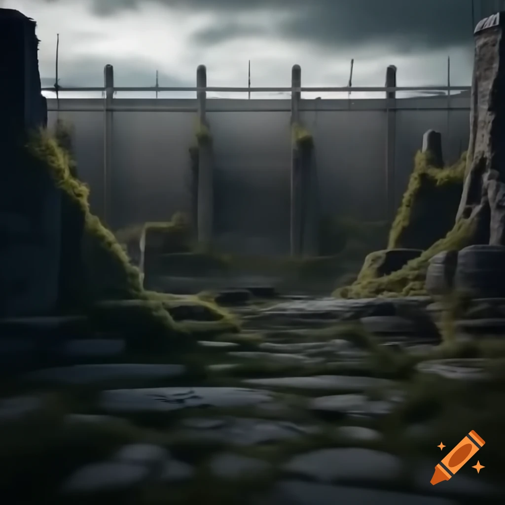 Barren landscape with stone walls and climbing ivy under foreboding sky ...