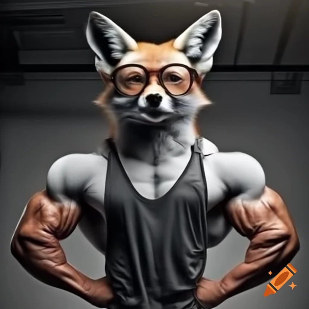Muscular fox wearing glasses and sports clothes in black and white on ...