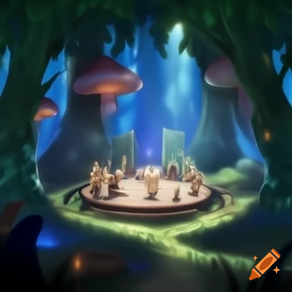 Magical concert stage in enchanted forest with wooden platforms and ...