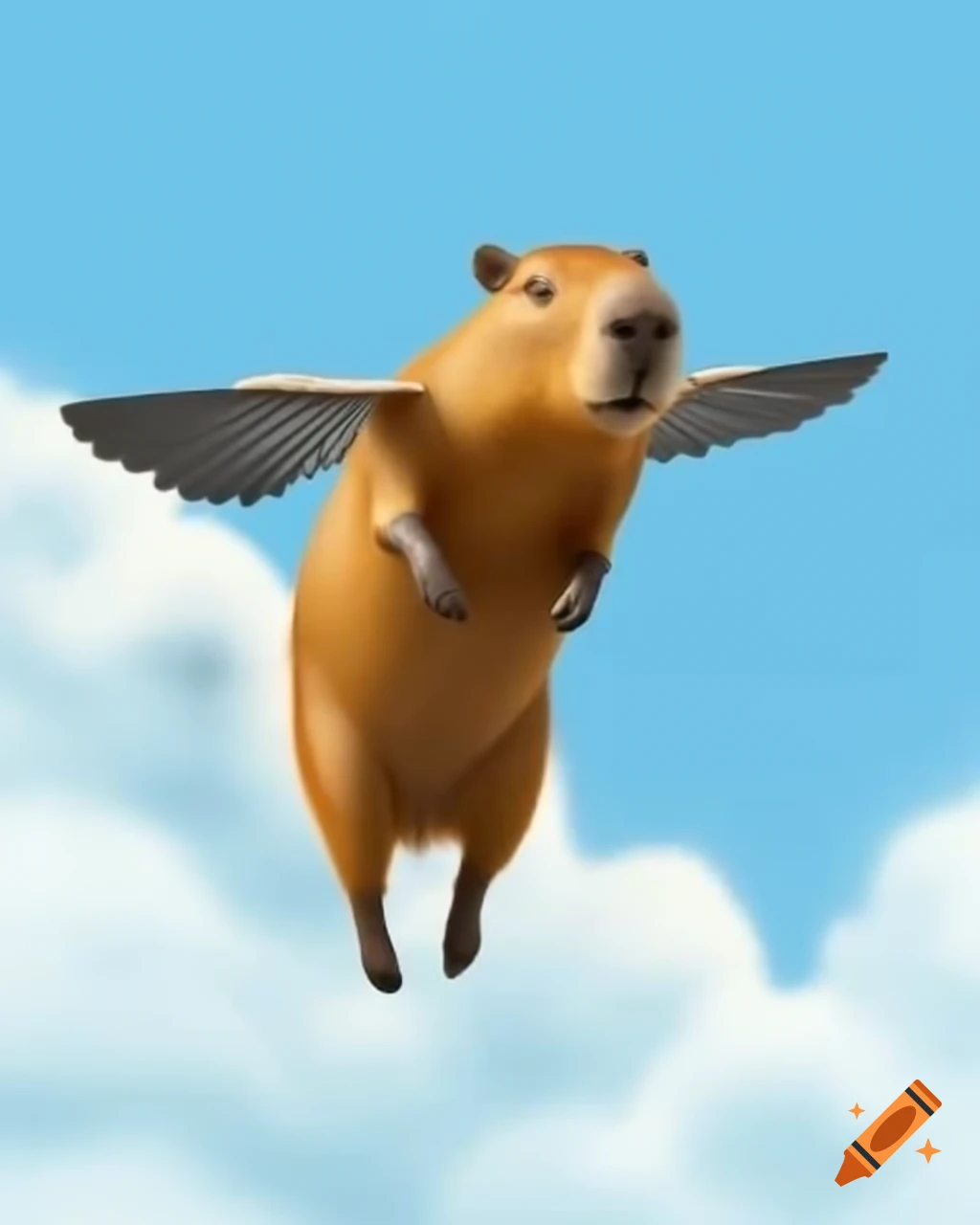 Realistic flying capybara in bright colors against the sky on Craiyon