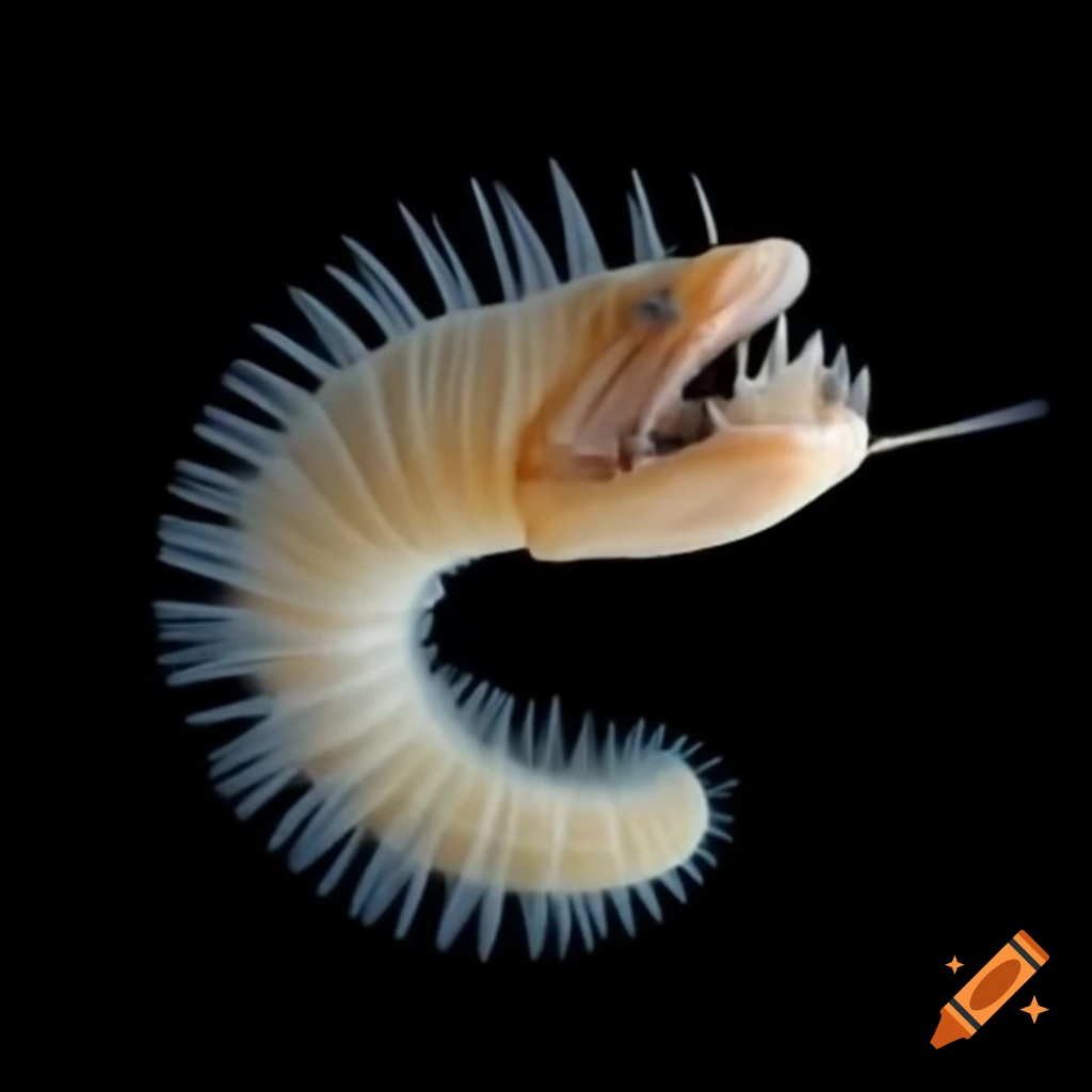 Segmented fish resembling giant worm with pale skin and sharp teeth on ...