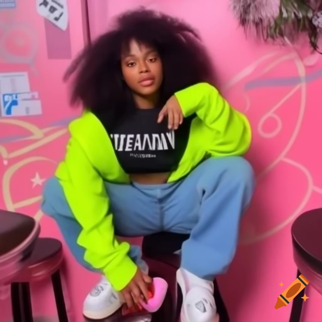 Mixed female social media influencer in vibrant streetwear outfit on ...
