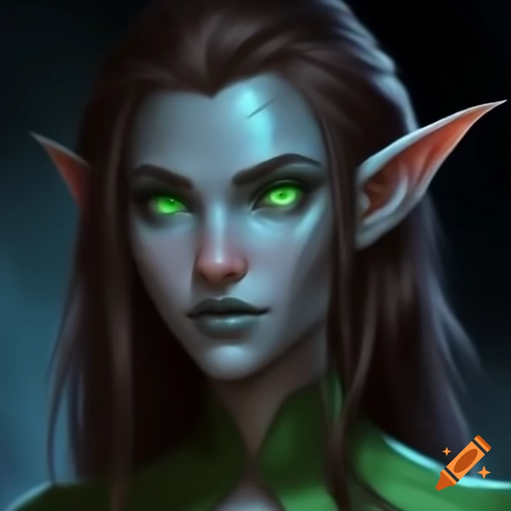 Female high elf bard with black long hair and green eyes on Craiyon