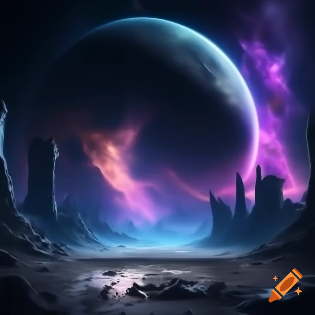 Desolate alien planet with purple skies and ancient technology ruins on ...