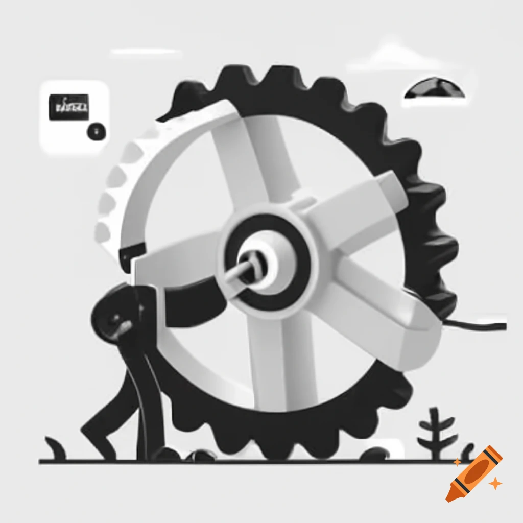 Cartoon of a person using a motor crank in black and white on Craiyon