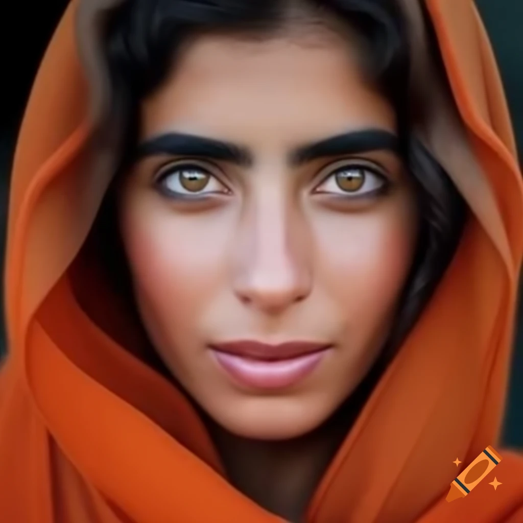 Beautiful brown-haired woman in orange burka, showcasing Spanish Arabic ...