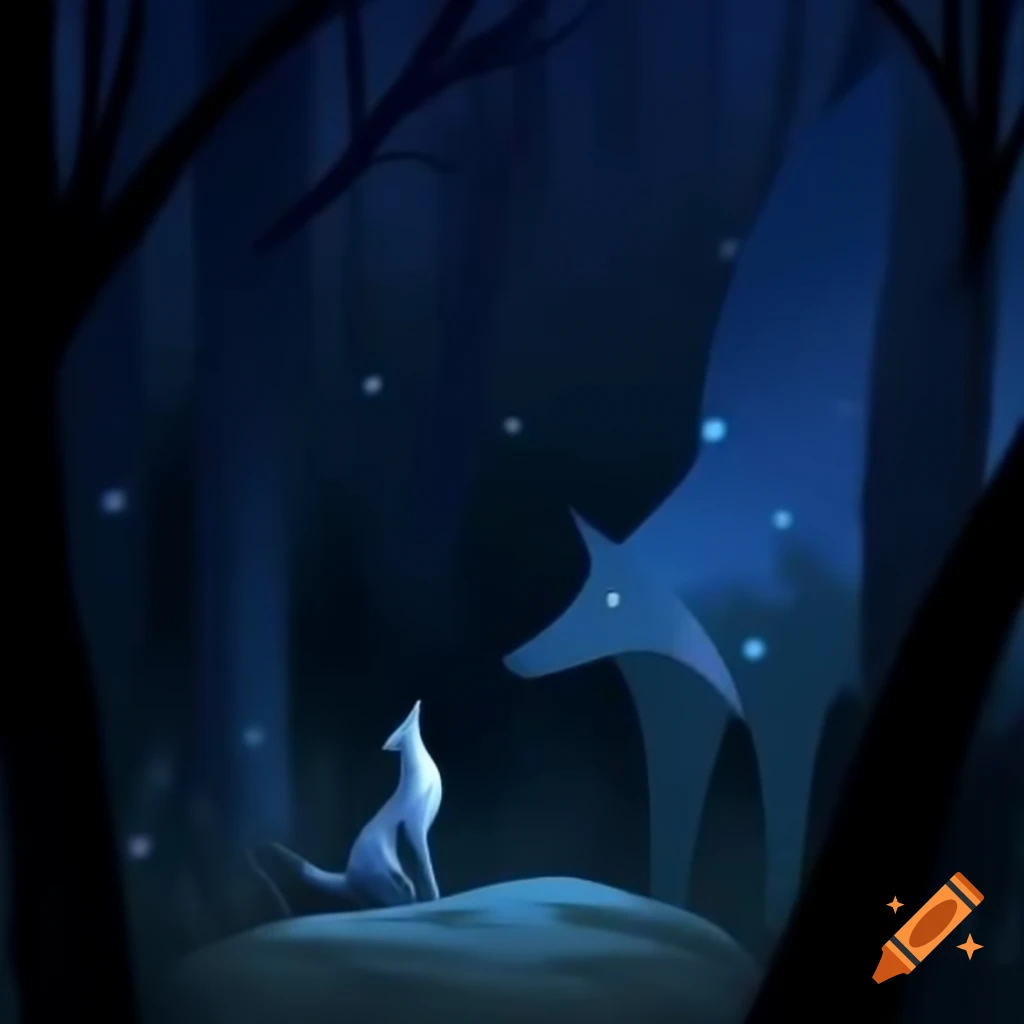 Wolf howling at the moon from a stone in a coniferous forest at night ...