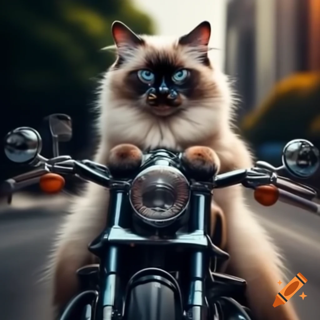 Ragdoll cat riding a lowrider motorcycle in photorealistic style on Craiyon