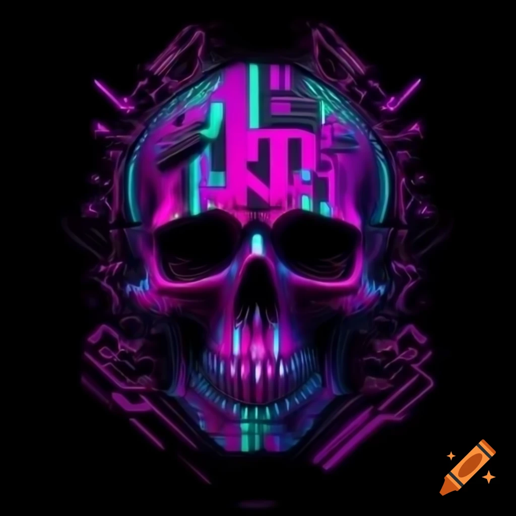 High-tech glitch emblem with distorted neon skull and circuitry in ...