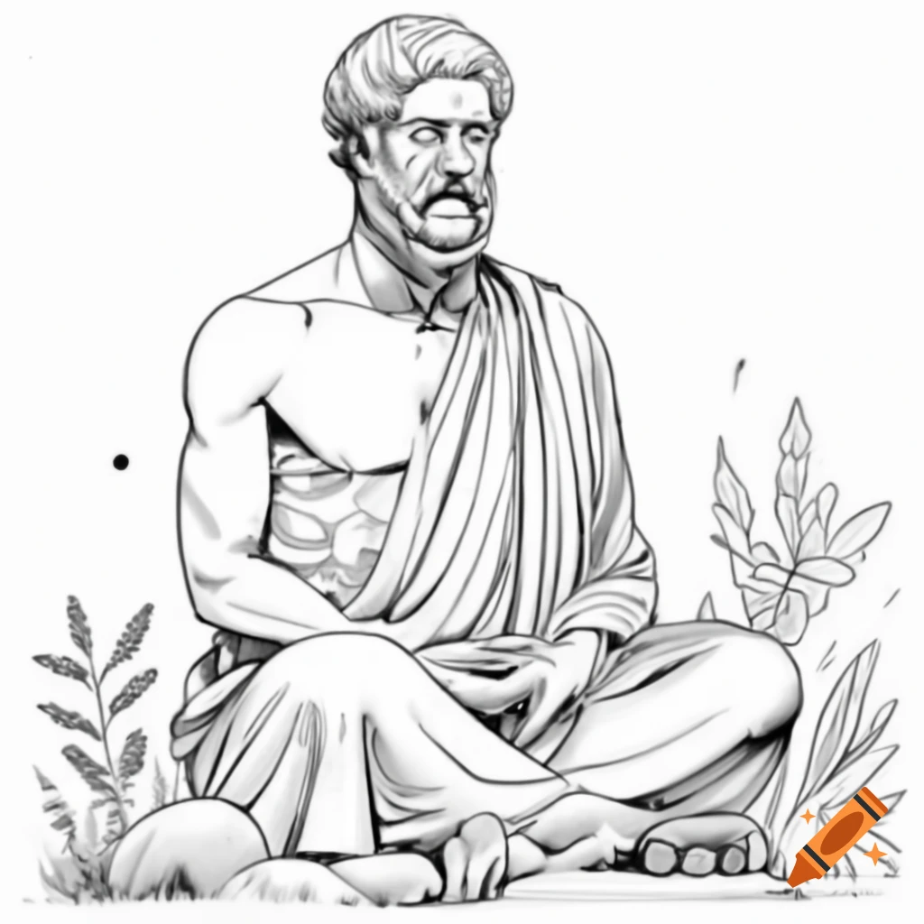 Black and white line art of Greek philosopher in toga meditating in ...
