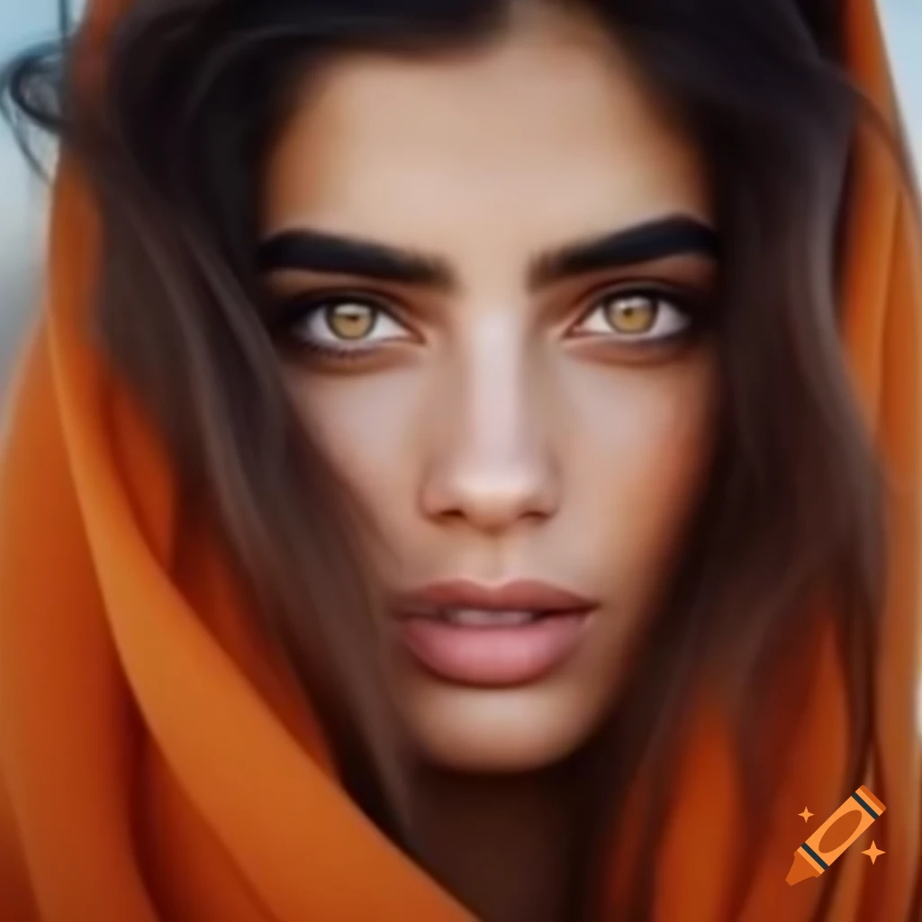 Beautiful brown-haired woman in orange burka, showcasing Spanish Arabic ...