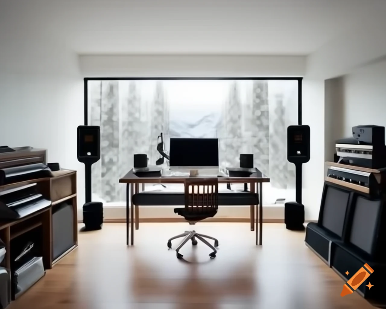 Minimalistic recording studio with glass windows and acoustic panels on ...