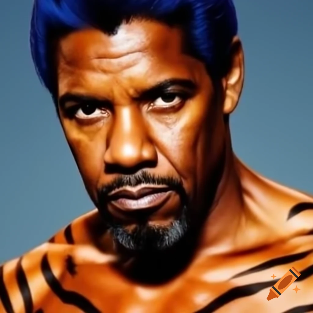 Muscular figure resembling Denzel Washington with tiger-style makeup and vibrant colors on Craiyon