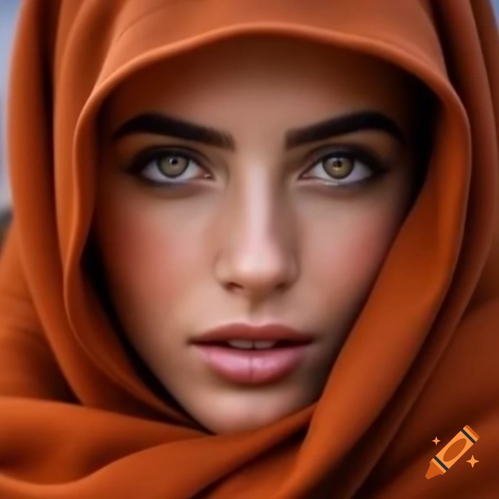 Beautiful brown-haired woman in orange burka, showcasing Spanish Arabic ...