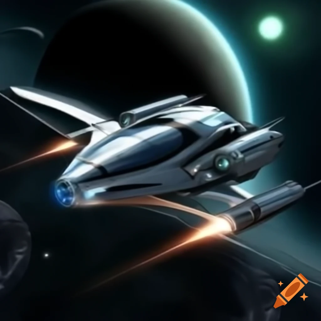Futuristic car-sized spaceship with teardrop shape and silver surface ...