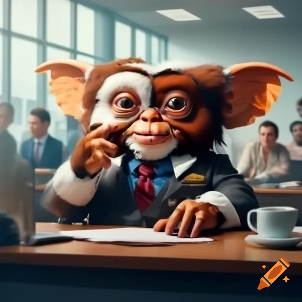 Cute gremlin in business suit adjusting tie at modern office on Craiyon