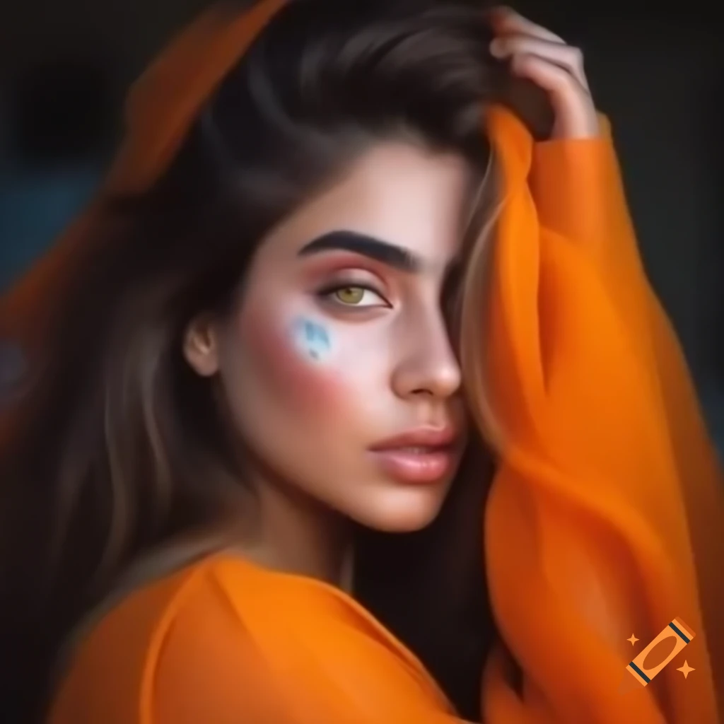 Beautiful Spanish Arabic woman in orange burka, playful demeanor on Craiyon