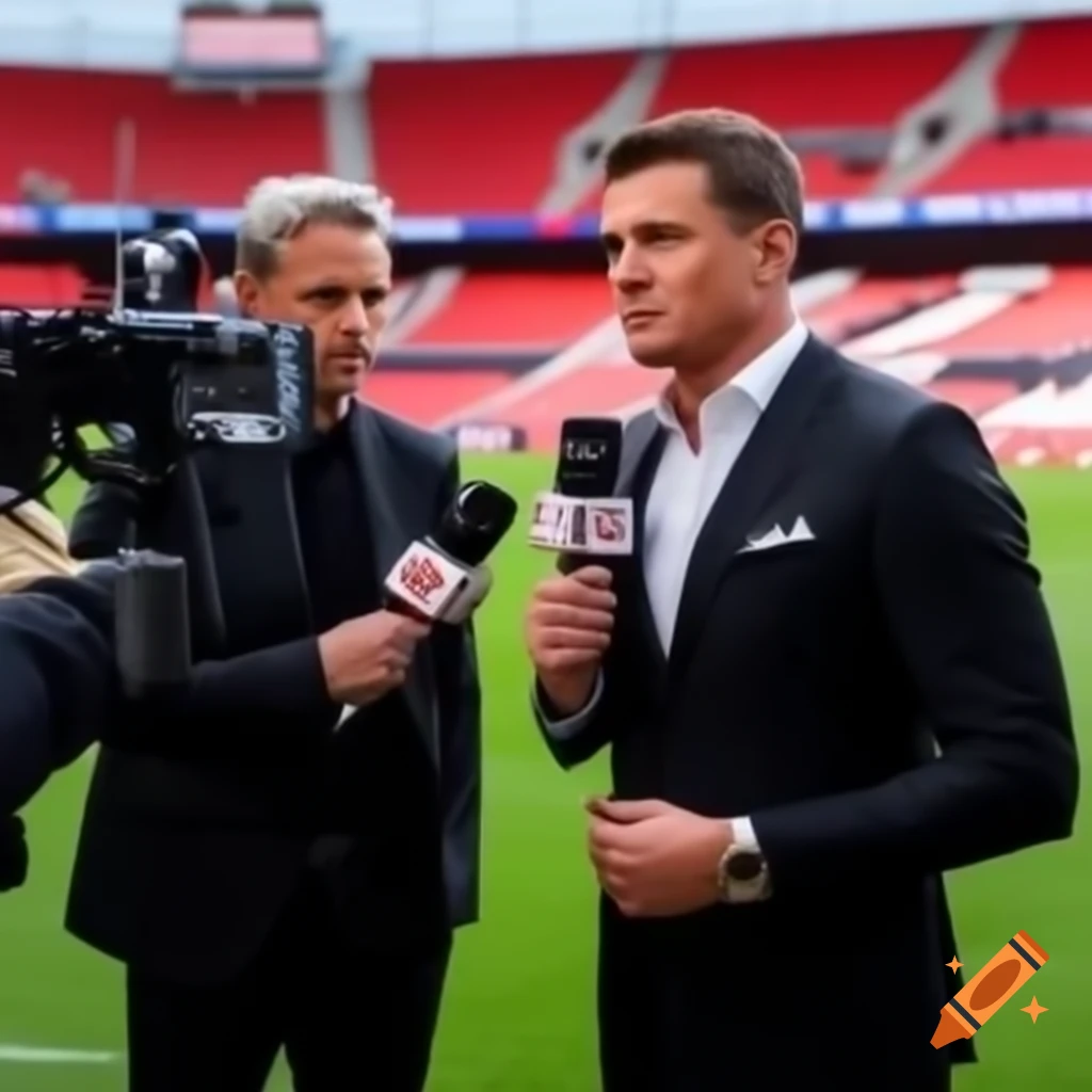 Interview scene in stadium with green-suited and black-suited men on ...