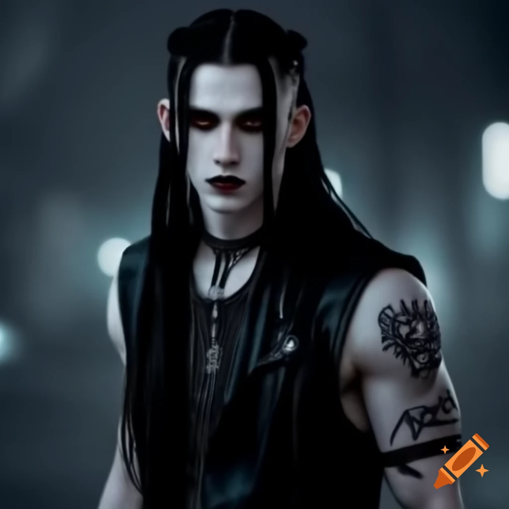 Androgynous gothic male with long black braids and biker vest in city ...