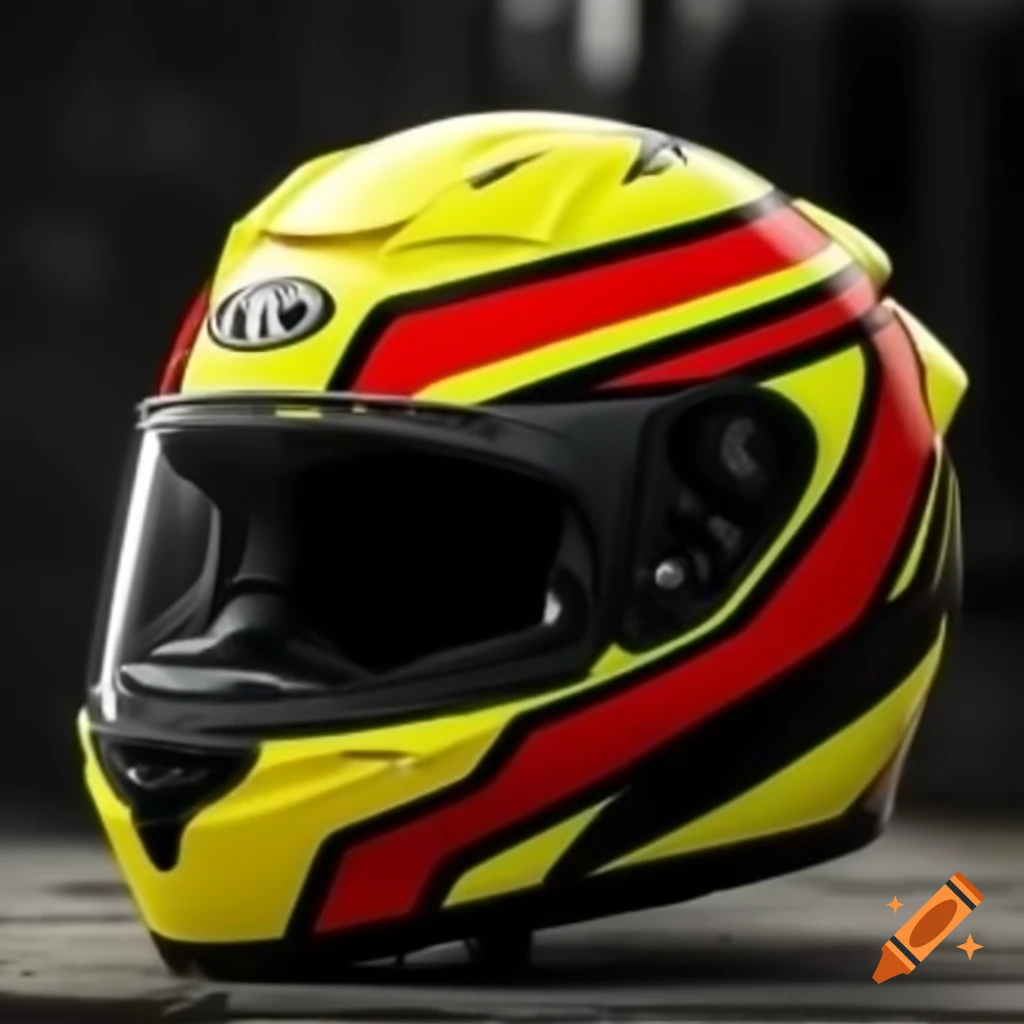 Formula One helmet in yellow, red, black, and chrome colors on Craiyon