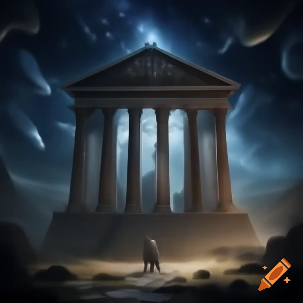 Grand corridor inside a Greek temple with starry ceiling and warrior ...