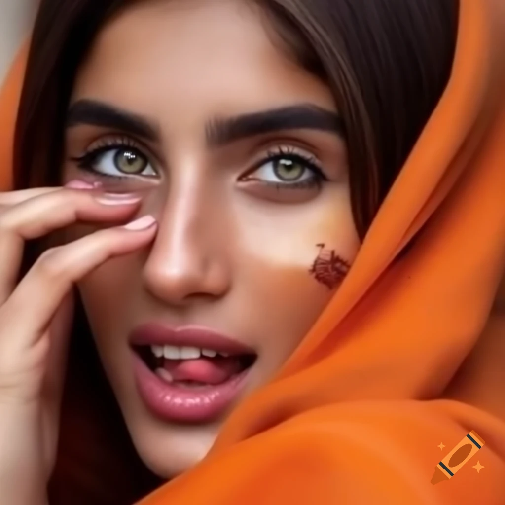 Beautiful Spanish Arabic woman in orange burka, playful demeanor on Craiyon