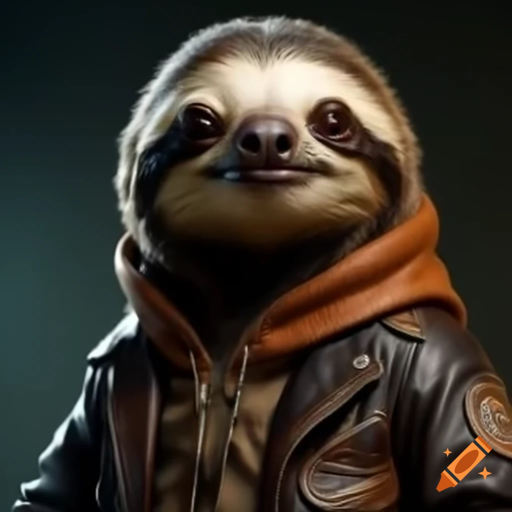 Sloth in leather biker jacket with humorous expression on Craiyon