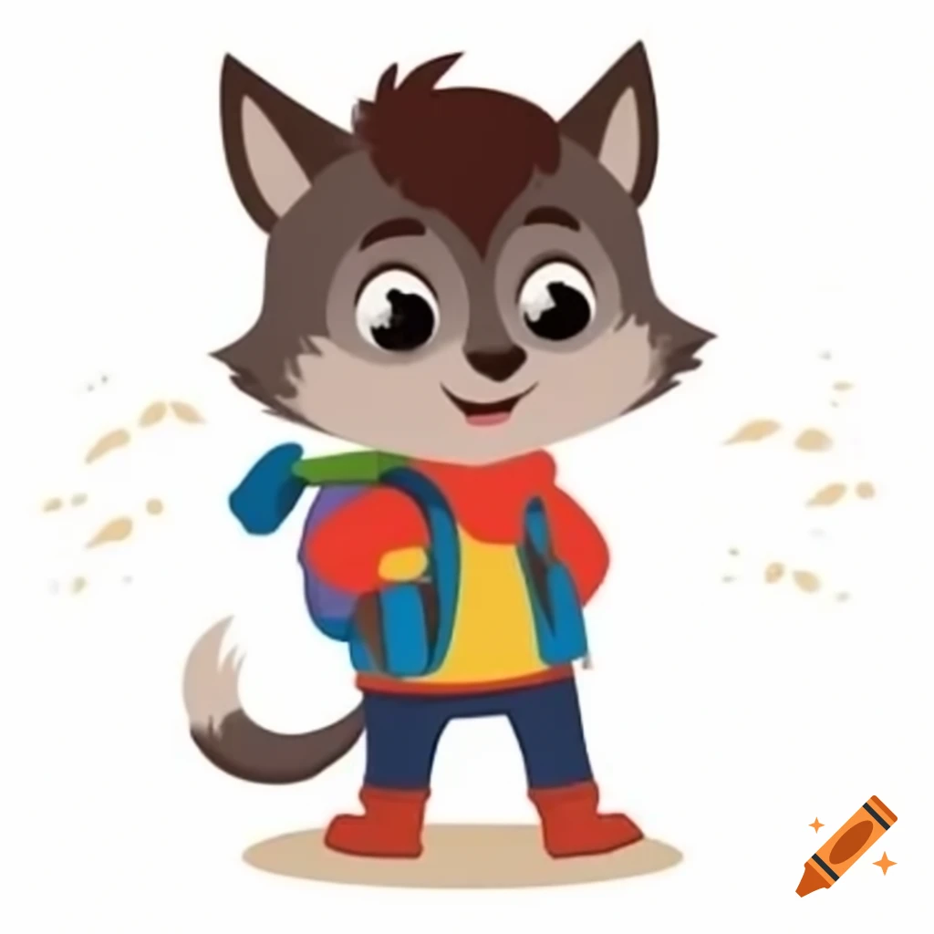 Animated wolf character for children wearing jacket, pants, gloves ...