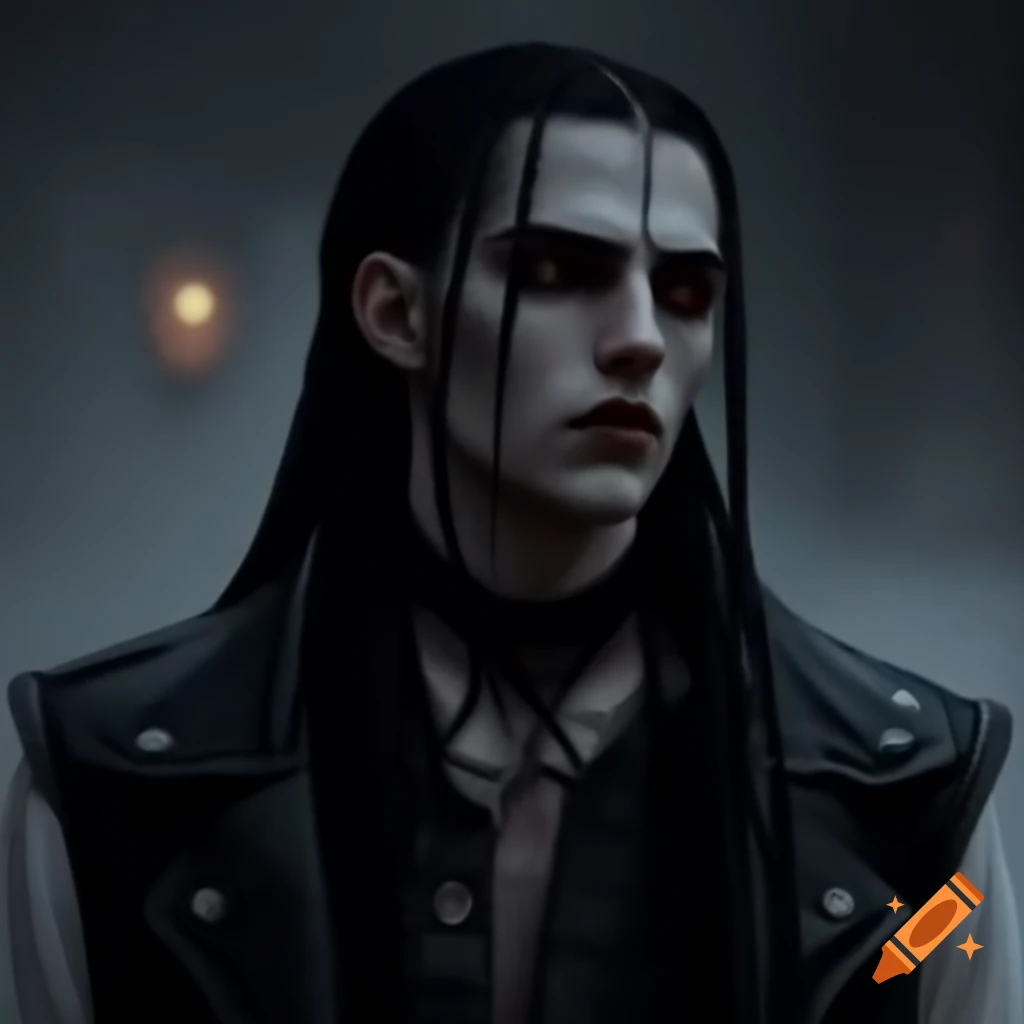 Androgynous gothic male with long black braids and biker vest in city ...