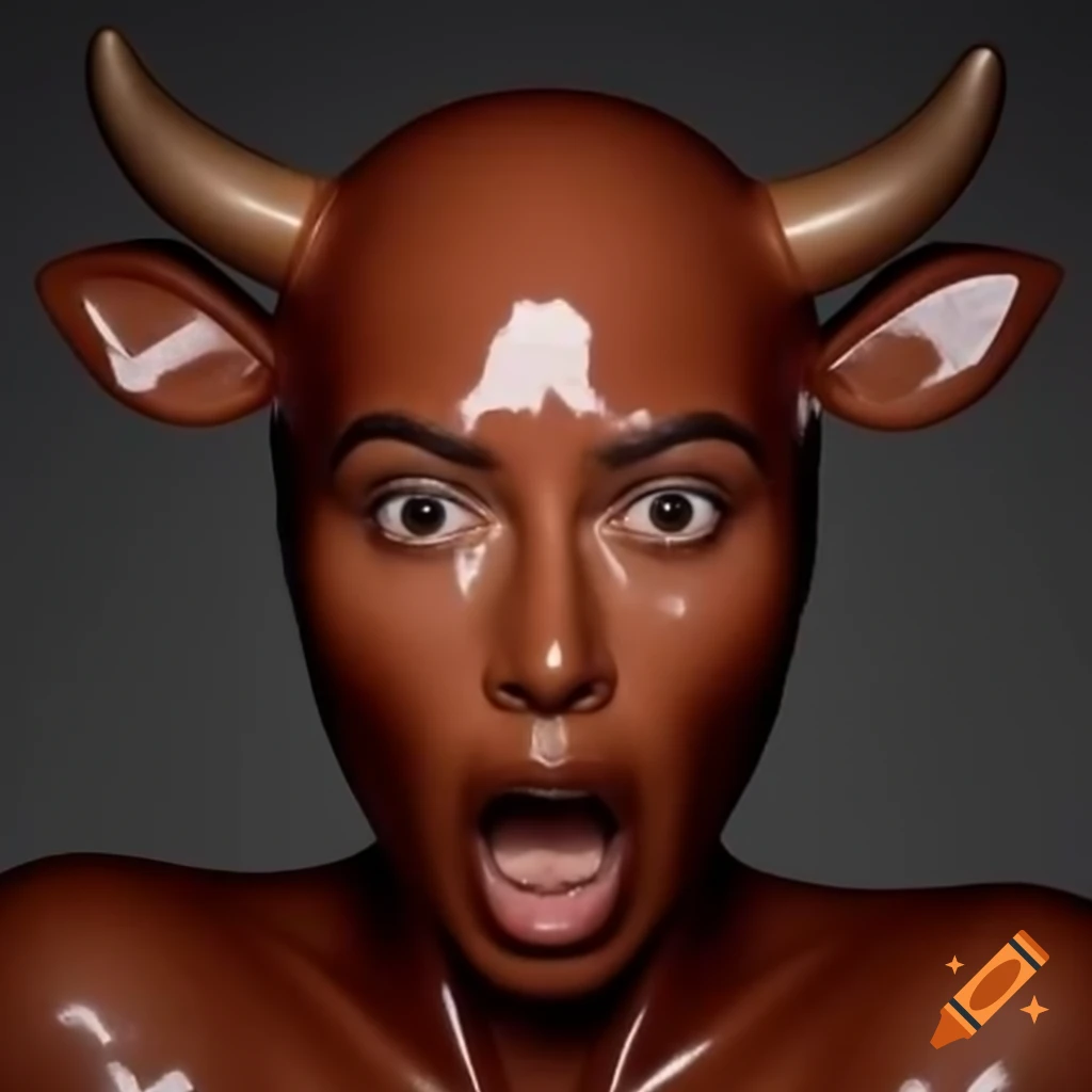 Creative depiction of human and cow head with brown transparent latex ...