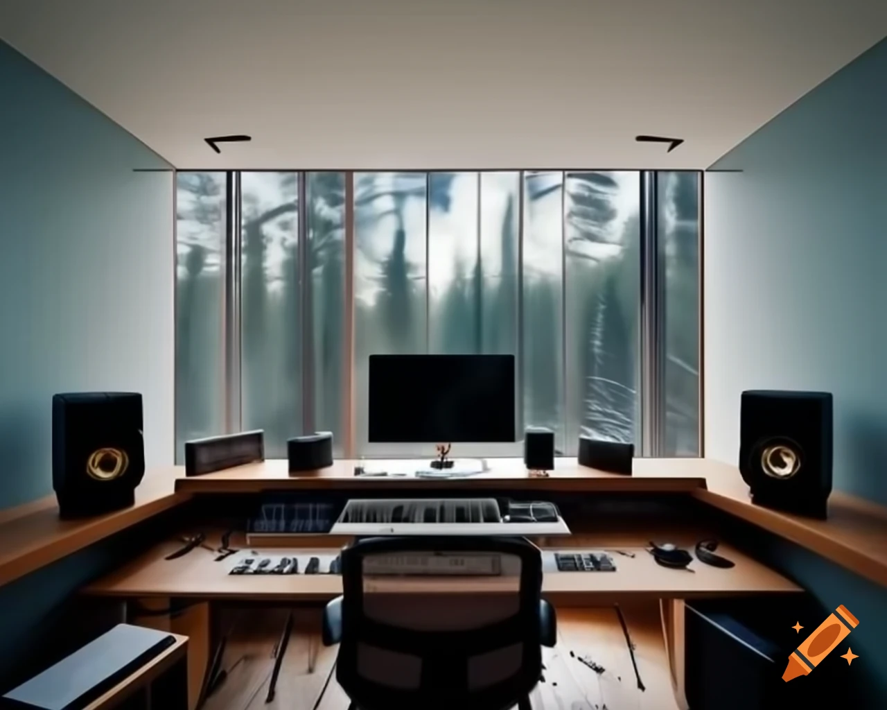 Minimalistic recording studio with glass windows and acoustic panels on ...