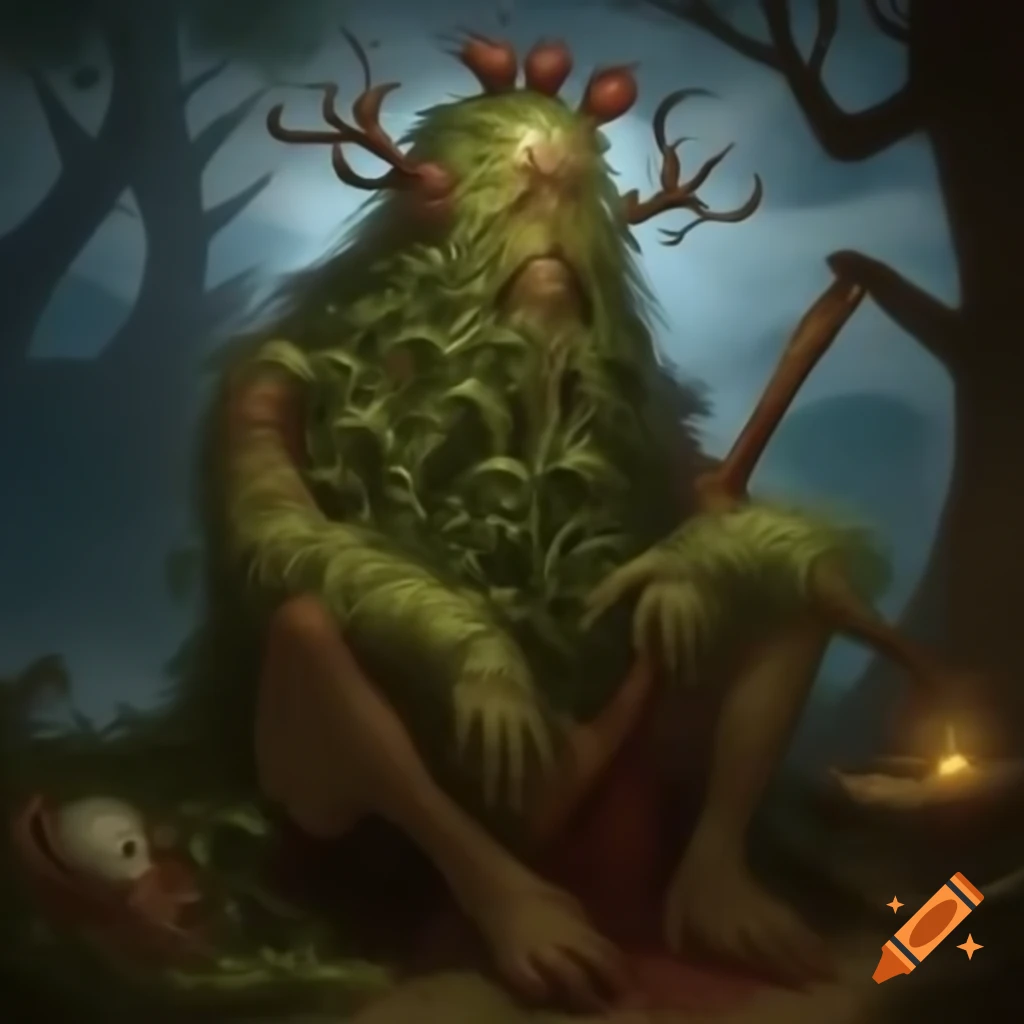 Mythical crone with tree-like spine holding phoenix surrounded by ...